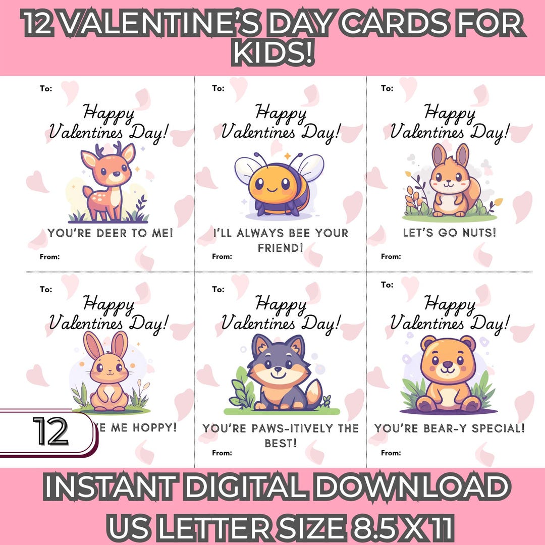 Printable Forest Animal Kids Valentines Day Cards - Cute & Funny ...