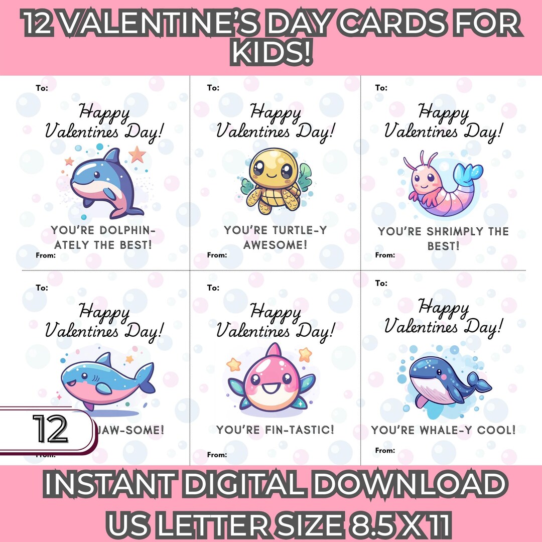 Printable Ocean Kids Valentines Day Cards - Cute, Funny Instant Digital ...