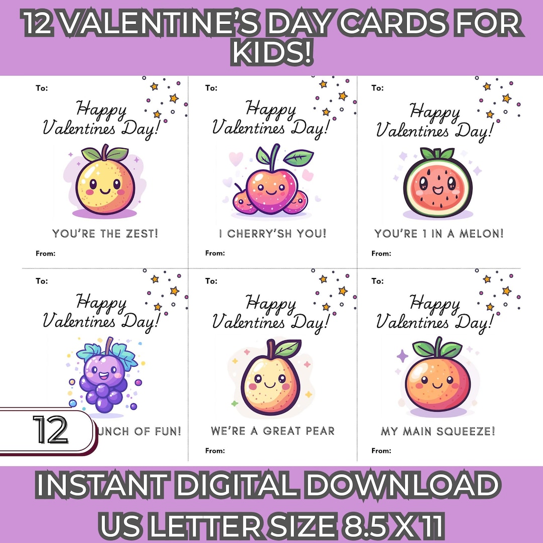 Printable Fruit Kids Valentines Day Cards - Cute & Funny Instant ...