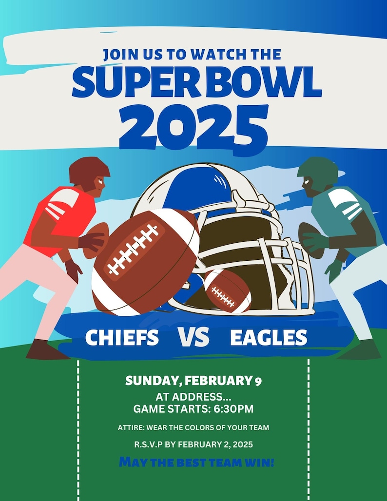 Super Bowl 2025 Party Invitation | Chiefs Vs Eagles | Football Watch ...
