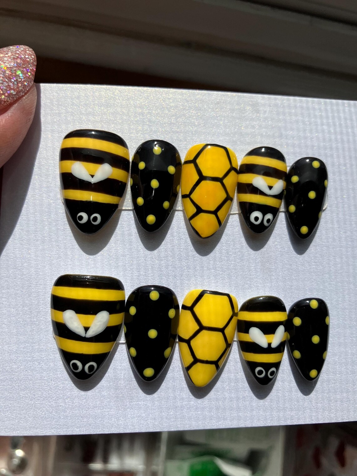 Bumblebee Press-on Nails: Honeycomb Polka Dot Almond Nails - Etsy