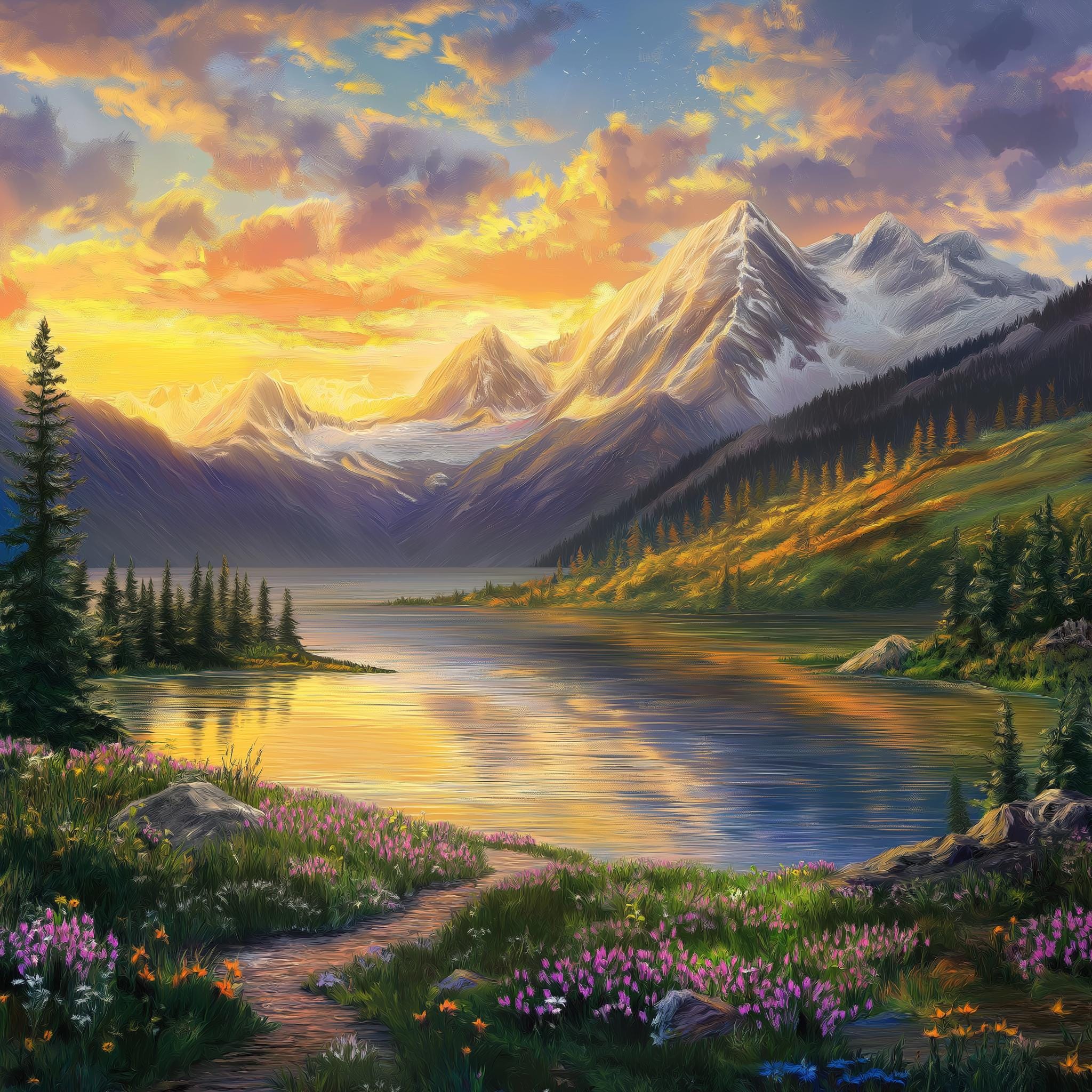 Majestic Mountain Landscape Painting Whimsical Sunrise Lake Art ...