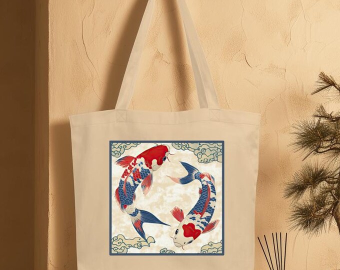 Koi Fish Japanese Style Art Tote Bag Line Drawing Fish Ying and Yang ...