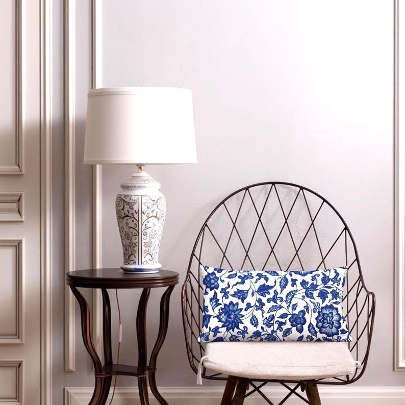 Chinoiserie Blue & White Floral Cushion– Lumbar Pillow – Classic Ming ...