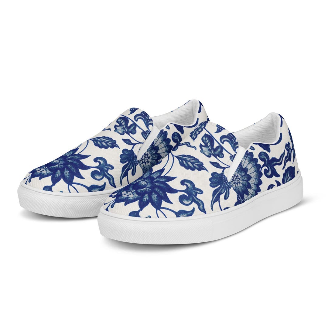Blue and White Chinoiserie Shoes – Porcelain-inspired Slip-on Sneakers, Classic Floral, Women’s ...
