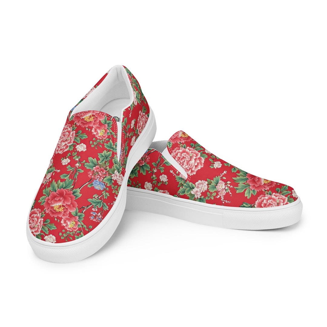 Chinese Pink and Red Peony Canvas Shoes | Women's Slip-on Sneakers ...