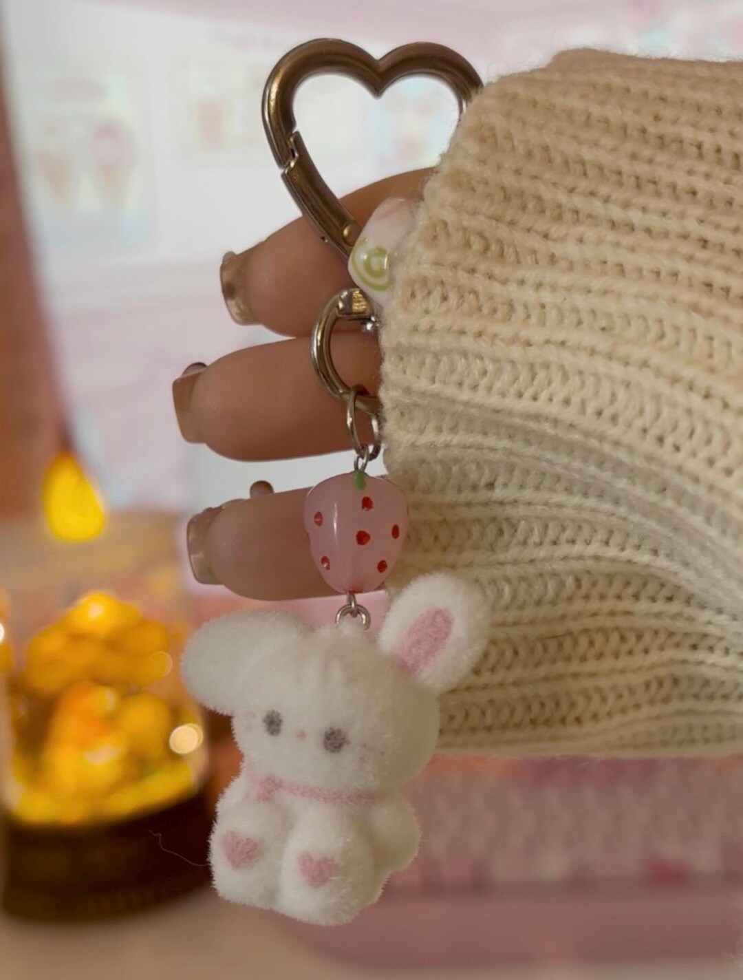 Fuzzy Bunny Keychain, Strawberry, Bag Charm, Purse Charm, Birthday Gift ...
