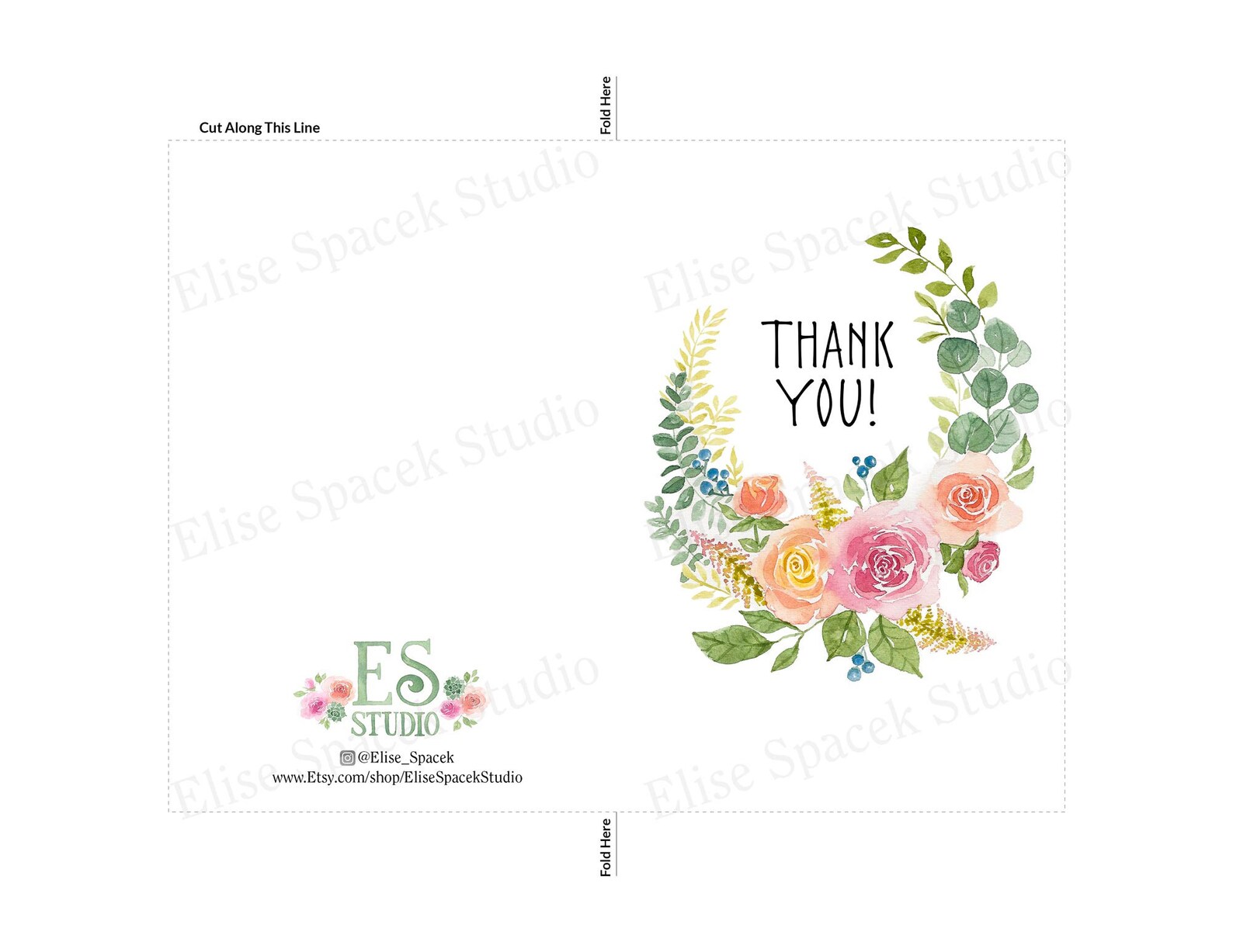 Downloadable Thank You Card Printable Fold Over Card Floral Wreath ...