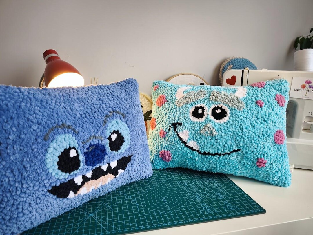 Handmade Punch Needle Pillow – Stitch & Sulley Design, Velvet Yarn ...