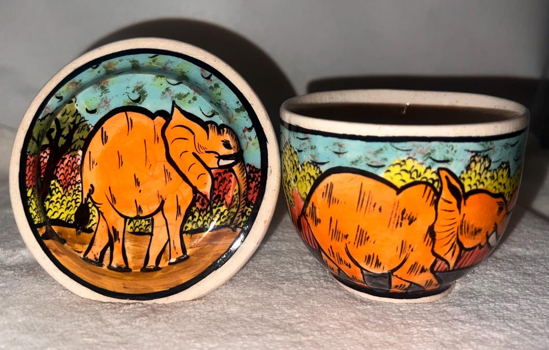 Vintage Imbiza Pottery Butter Saver, African Art, Hand Painted Elephant ...