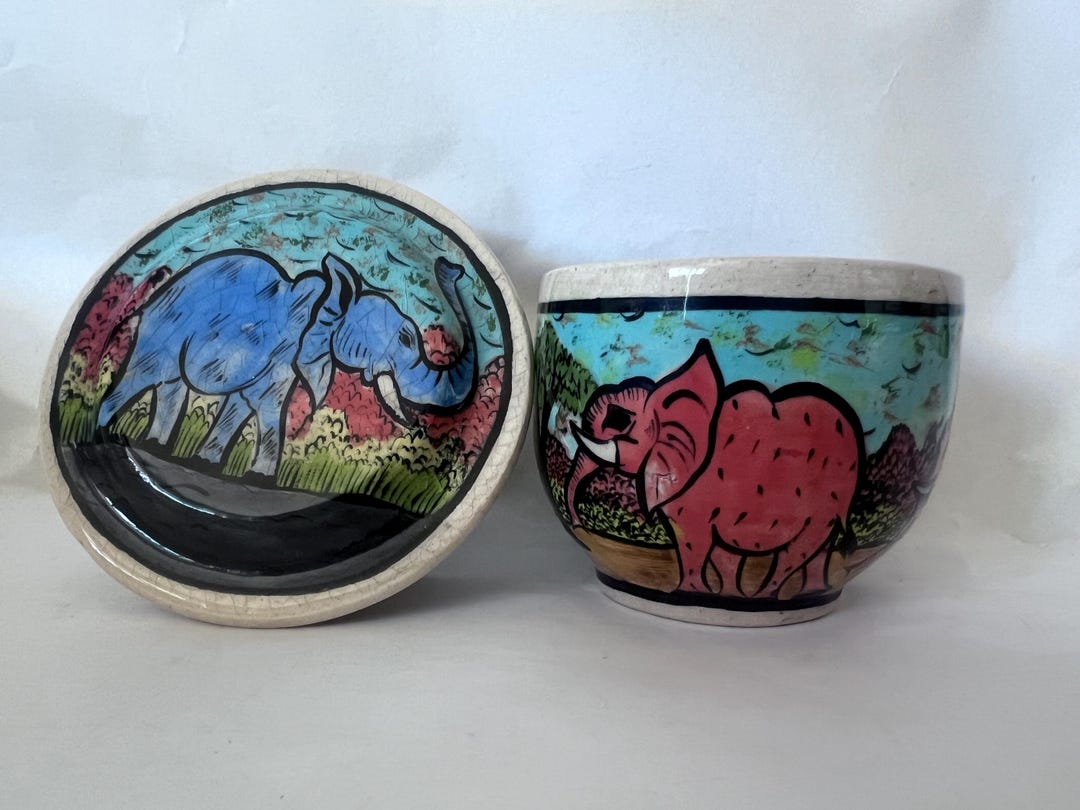 Vintage Imbiza Pottery Butter Saver, African Art, Hand Painted Elephant ...