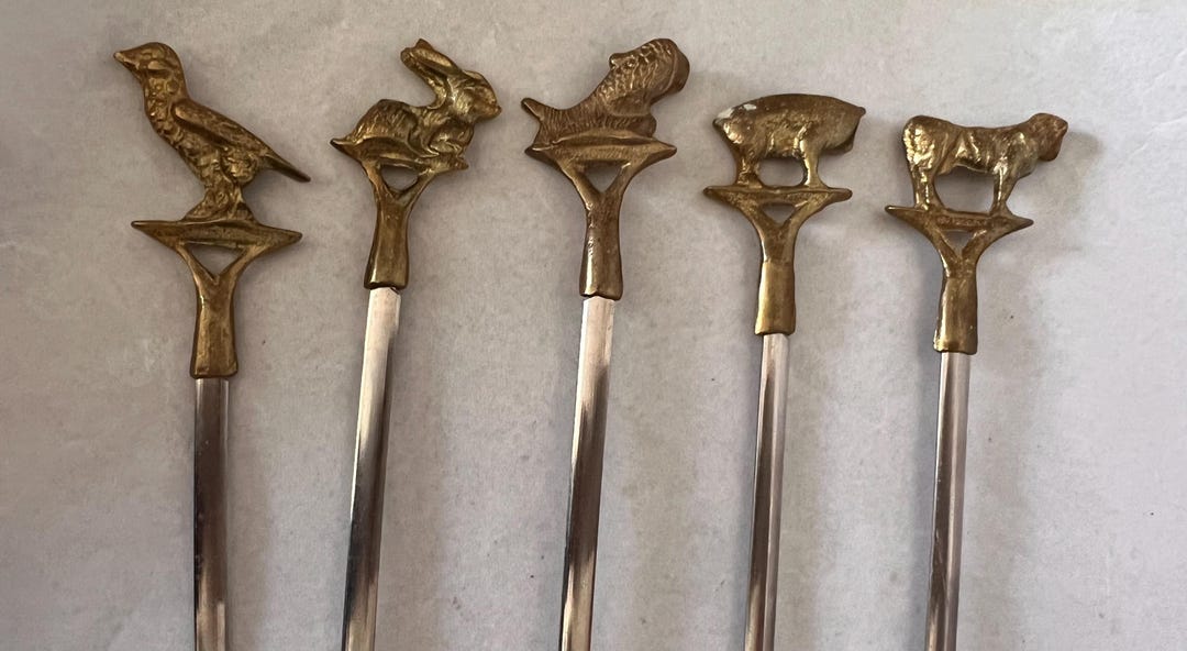 Vintage Mid-century Brass Barnyard Animal Skewers, BBQ Grilling, Set 5 ...