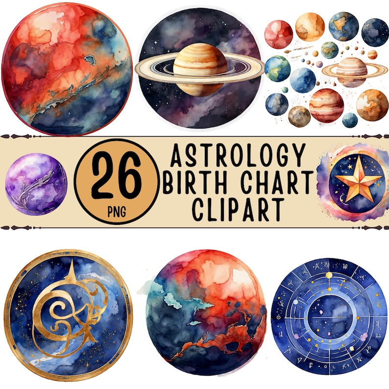 26 Astrology Birth Chart Clipart- Watercolor Galaxy Symbols PNG Set ...