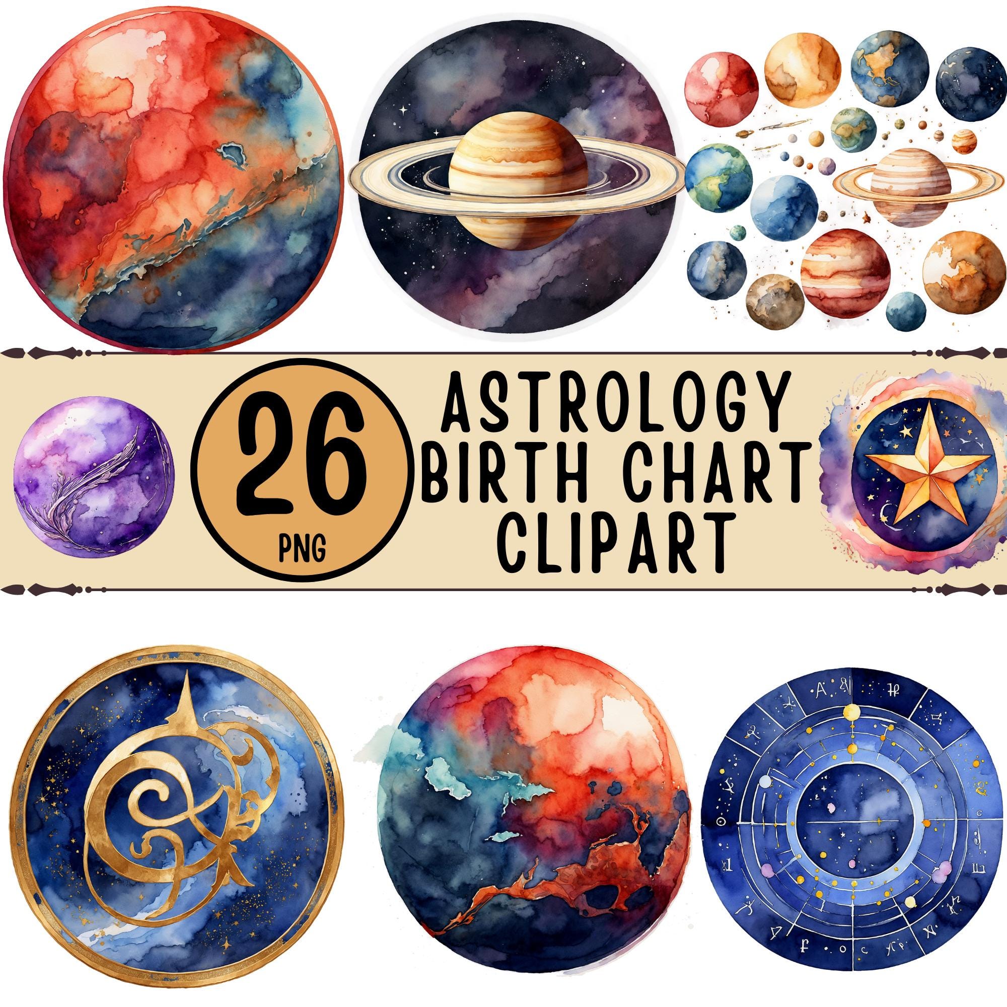 26 Astrology Birth Chart Clipart- Watercolor Galaxy Symbols PNG Set ...