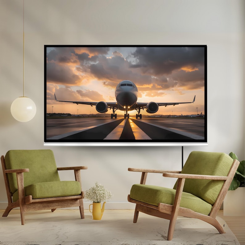 Runway Sunset Airplane Art, Aviation Decor for Samsung Frame TV ...