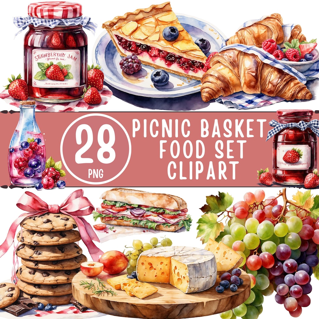 Picnic Basket Food Clipart - 28 Watercolor Picnic Food PNG (digital ...