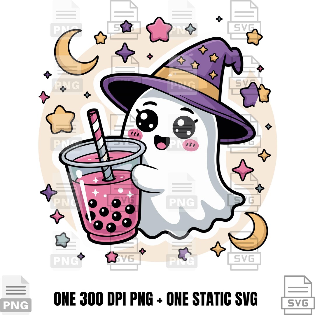 Kawaii Ghost Boba PNG SVG, Cute Halloween Witch Sublimation, Bubble Tea ...