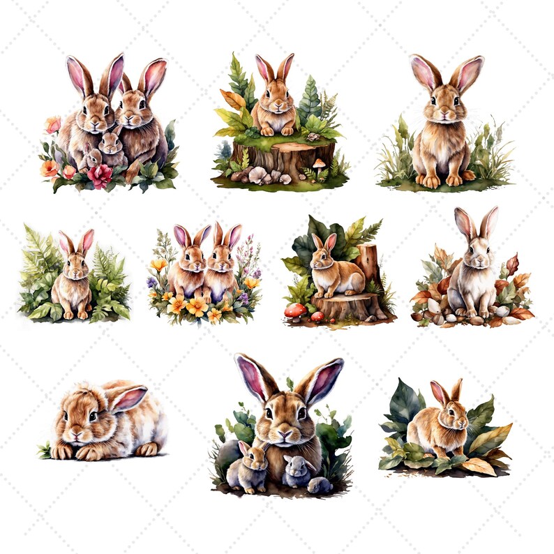 Woodland Rabbit Clipart Bundle, 34 PNG Forest Bunny Art (digital ...