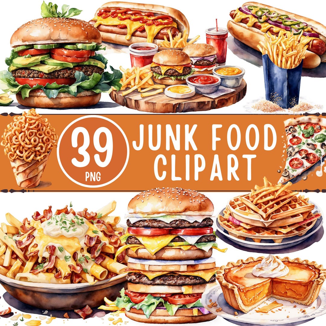 Junk Food Clipart PNG Bundle - 39 Watercolor Fast Food Illustrations ...
