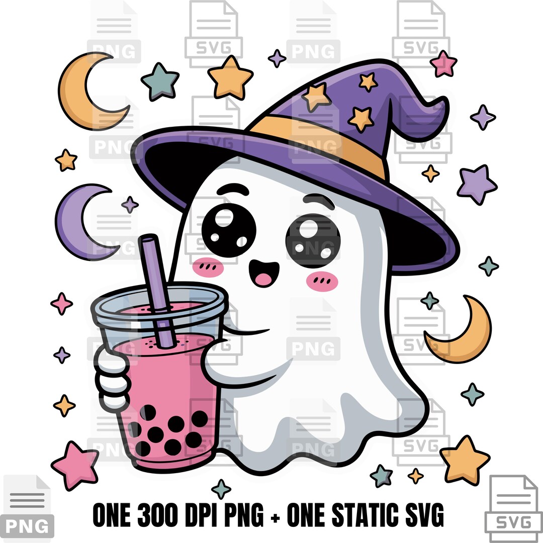 Kawaii Ghost Boba PNG SVG, Cute Halloween Witch Sublimation, Bubble Tea ...