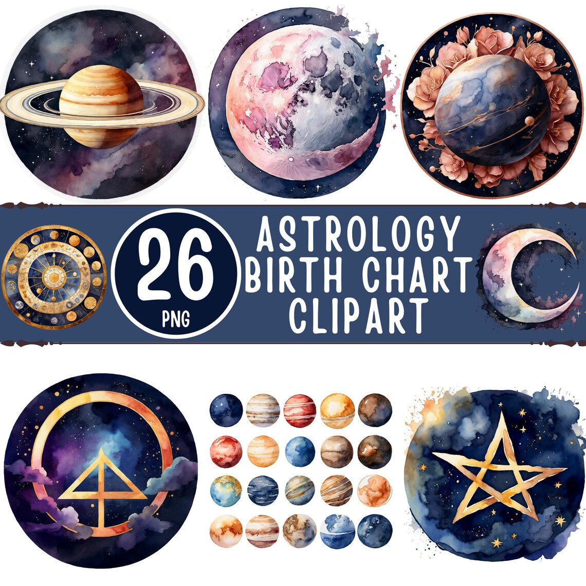 26 Astrology Birth Chart Clipart- Watercolor Galaxy Symbols PNG Set ...