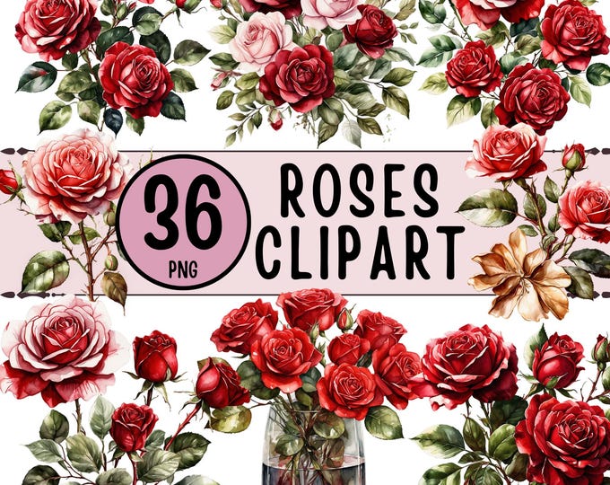 Vintage Roses Valentine's Day Clipart, Watercolor Deep Red Roses Art ...