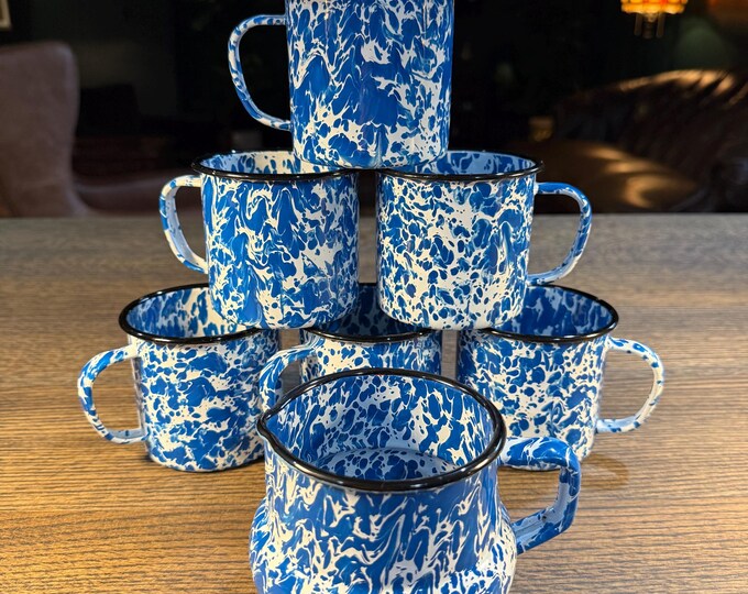 Vintage Blue Splatter Enamelware Mug Set: Rustic Farmhouse Creamer - Etsy