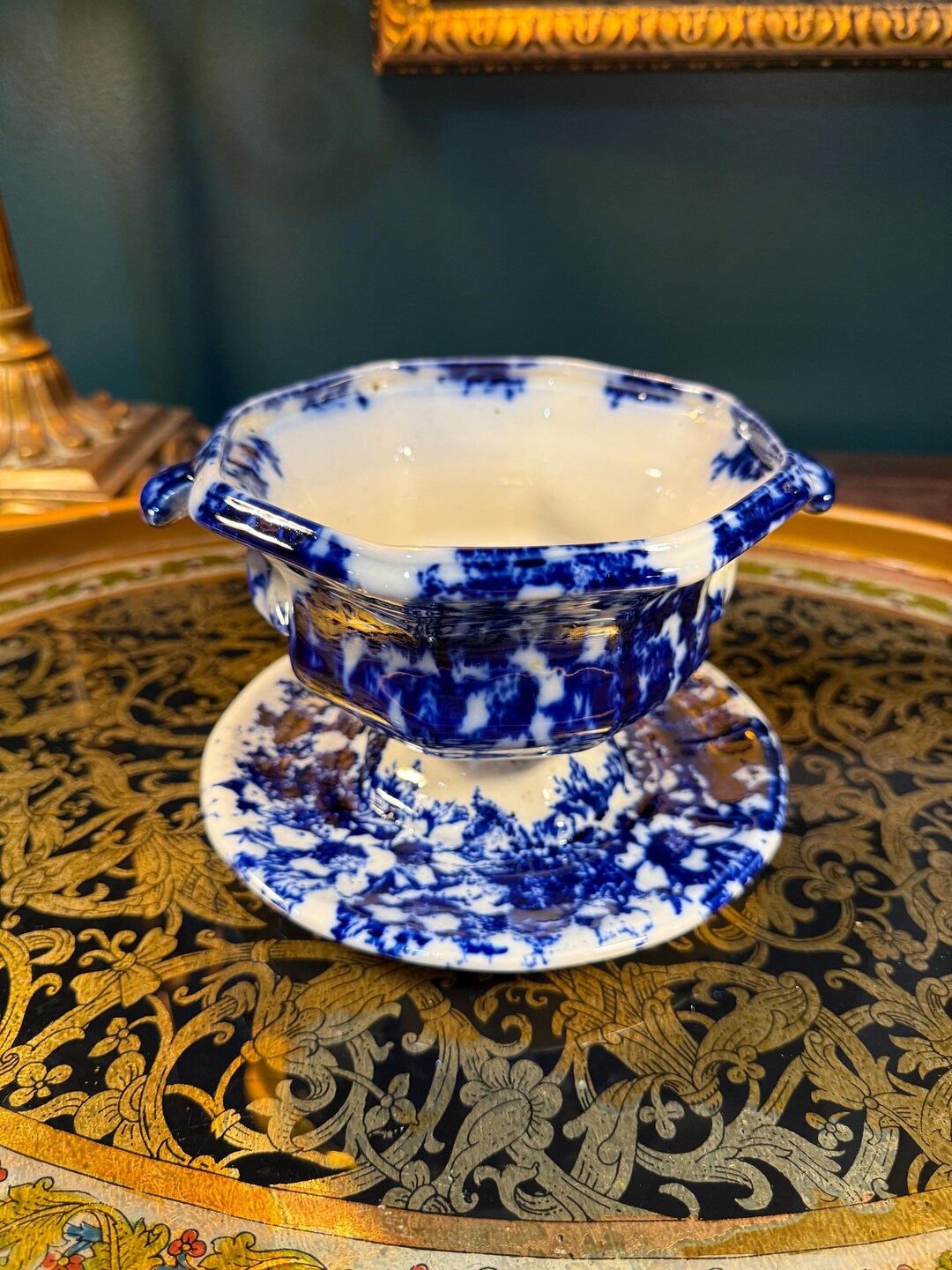 Rare Antique Flow Blue Floral Compote With Attached Underplate ...