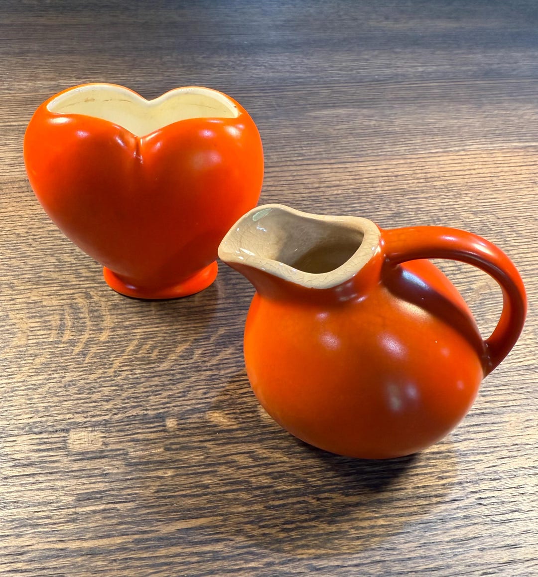 1930s Vintage Orange Heart Vase & Mini Ball Pitcher Set – Retro Ceramic ...