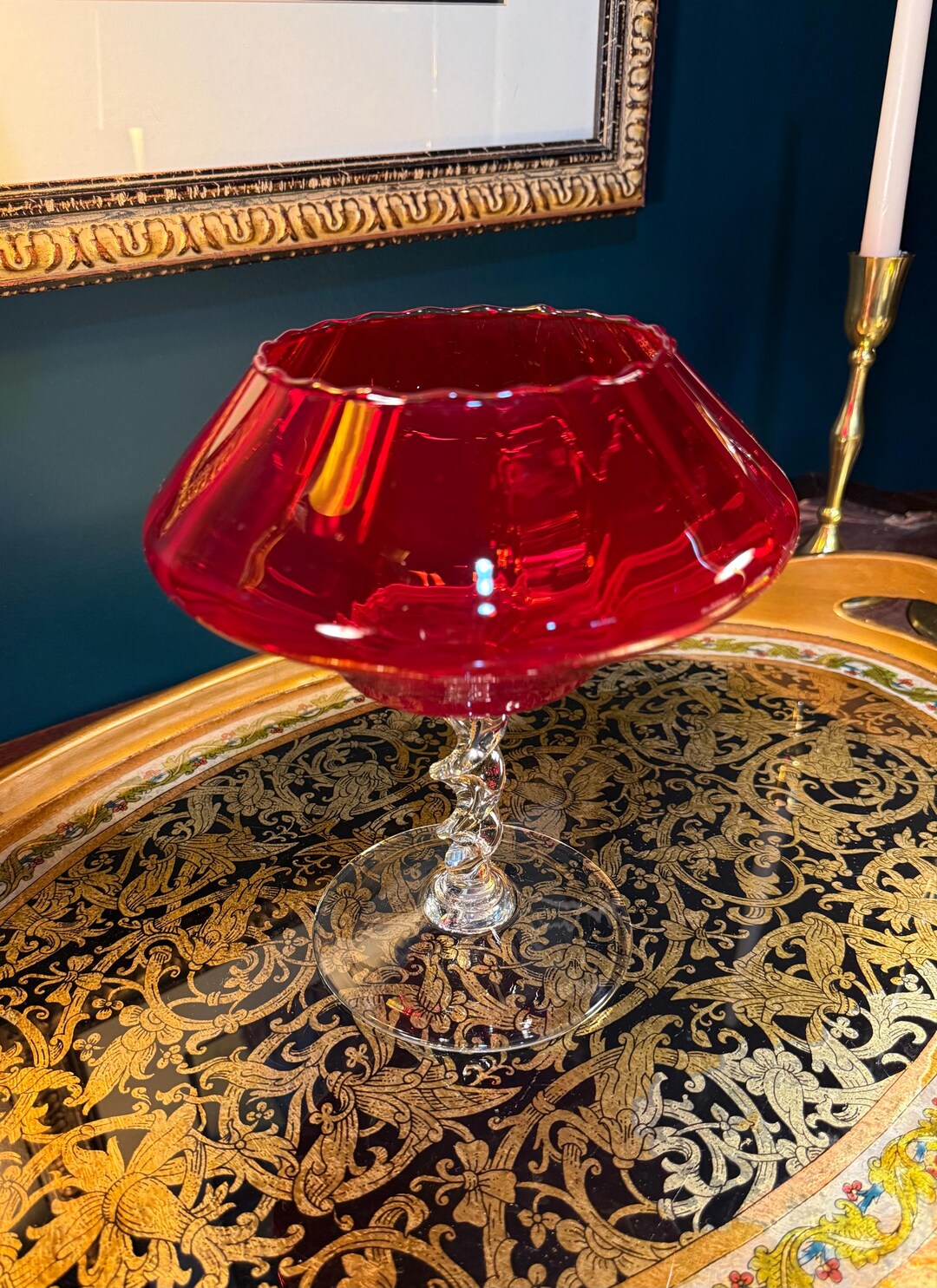Vintage Empoli Ruby Red Glass Compote With Twisted Clear Stem – 9 ...