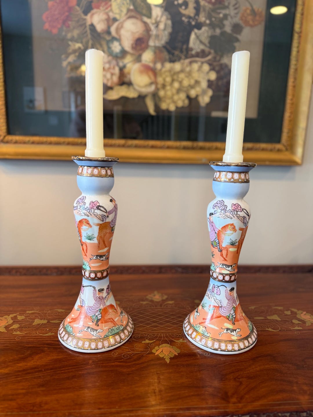 Chinoiserie Porcelain Candlestick Holders | Vintage Orange & Blue Pair ...