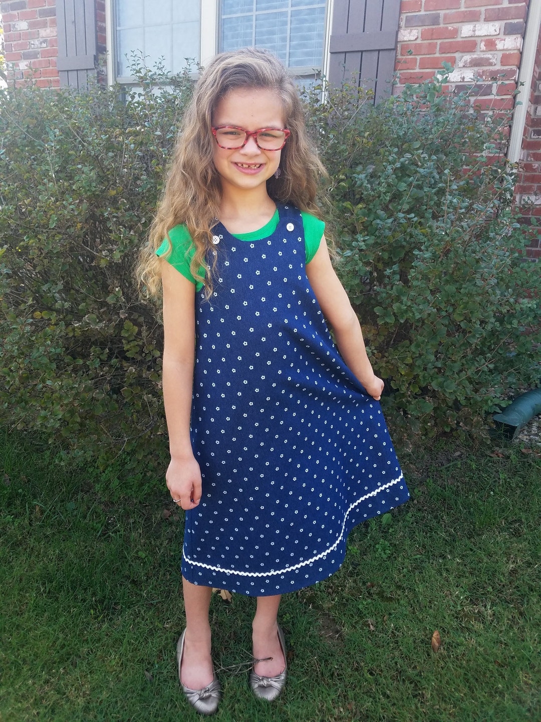 Girls Long Modest Navy and White Floral Denim A-line Jumper - Sizes 4-6 ...