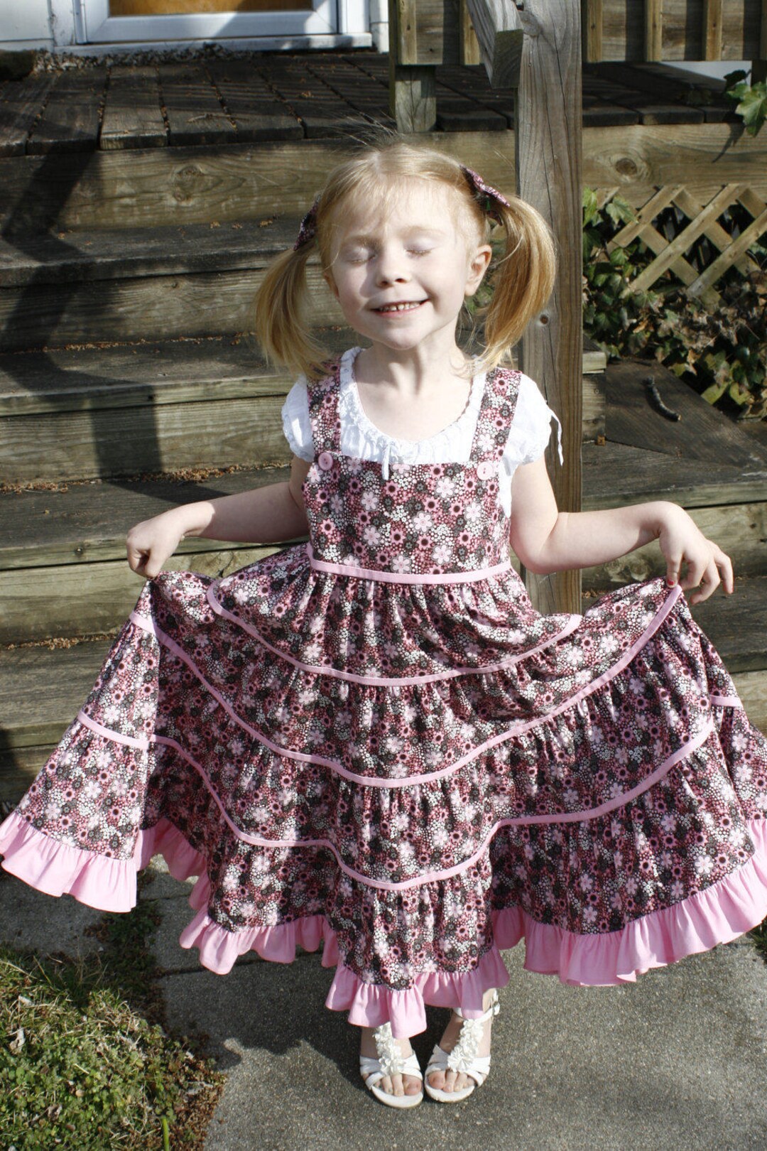 Little Girls Long Modest Pink and Brown Floral Tiered Ruffled Twirly ...