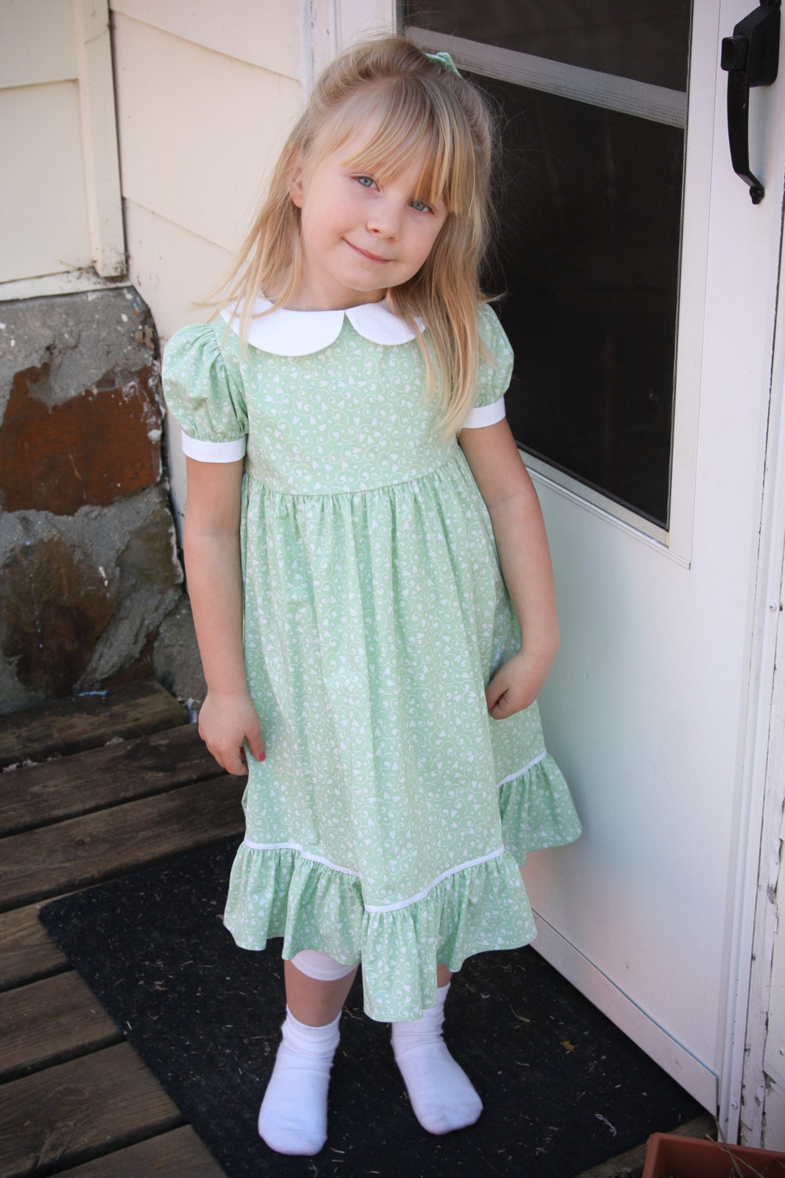 Girls Long Modest Spring Easter Dress With Puffed Sleeves and Peter Pan ...