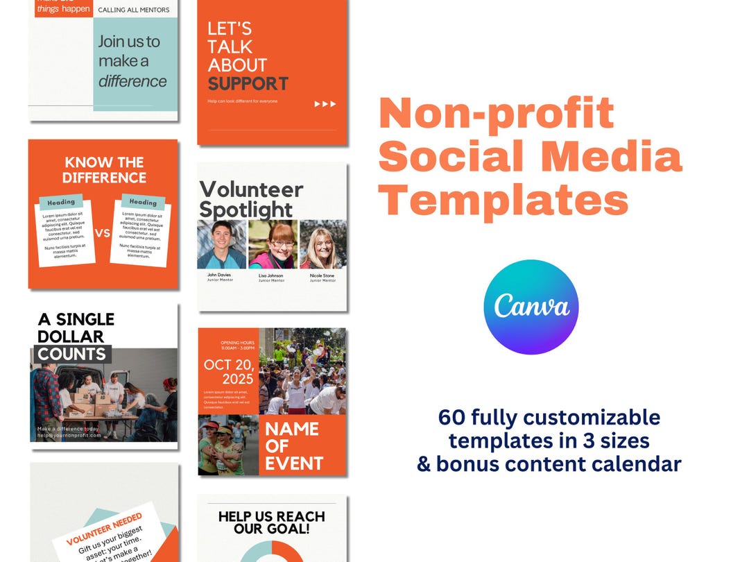 60 Nonprofit Social Media Templates: Canva Editable Posts (digital ...