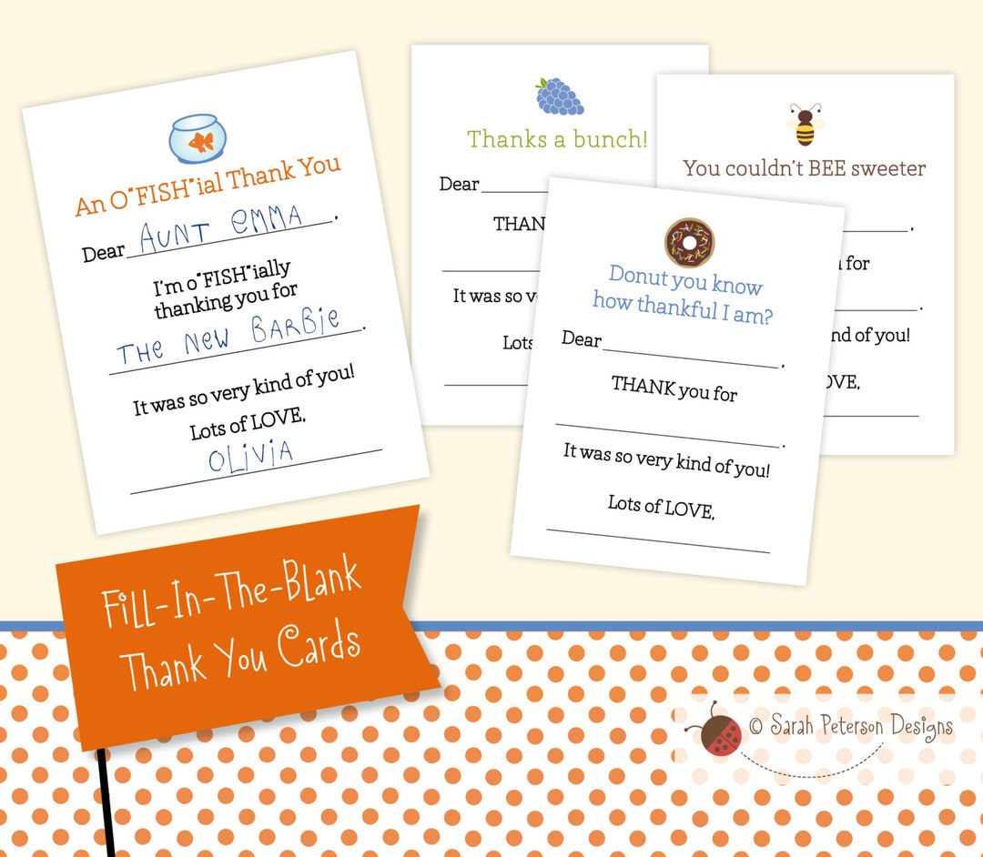 PRINTABLE - Fill-in-the-blank Thank You Cards for Kids - Instant ...
