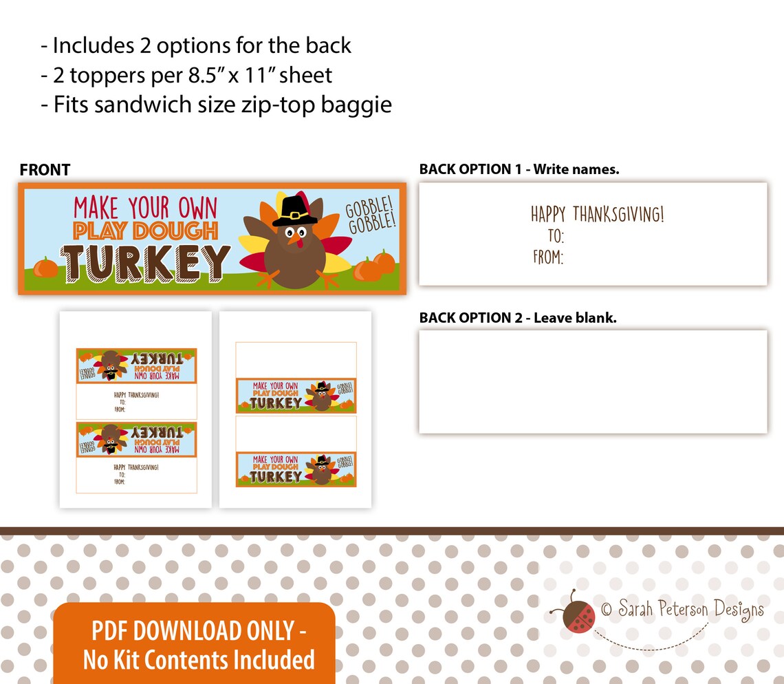 Instant Download PRINTABLE - Play Dough Turkey Kit Bag Toppers - Make ...
