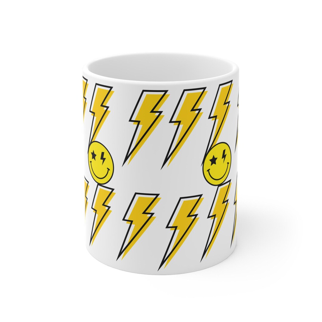 Smiley Face Lightning Bolt Mug, Happy Face Coffee Cup, Positive Energy ...