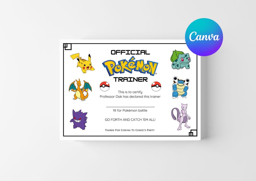 Pokemon Party Thank You Certificate - Personalized Digital Download for ...