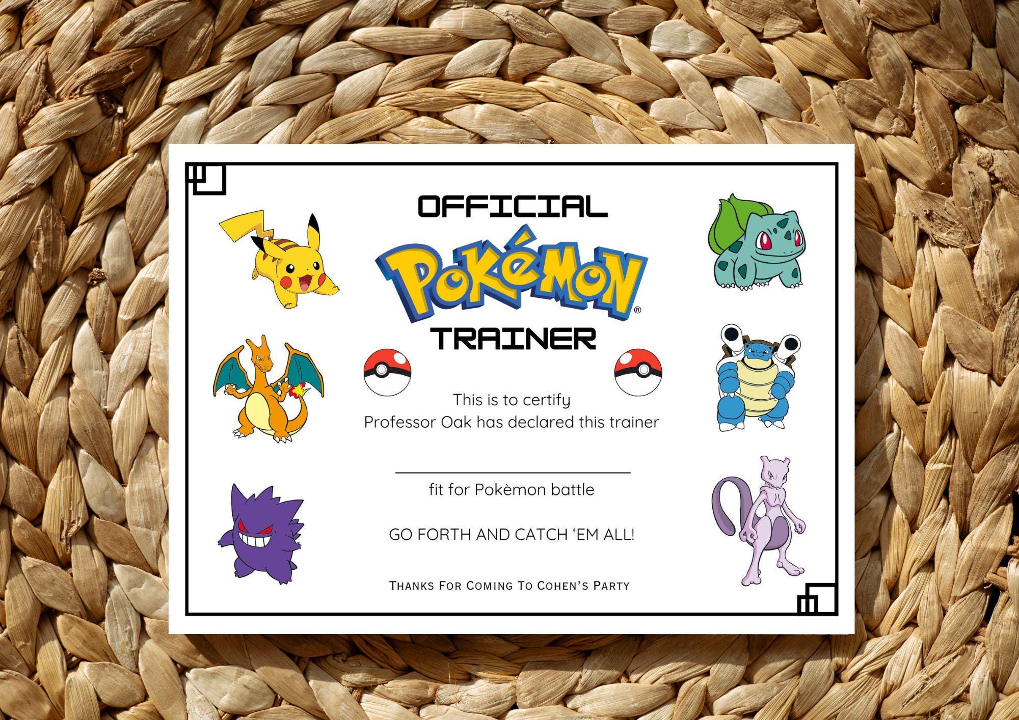 Pokemon Party Thank You Certificate - Personalized Digital Download for ...