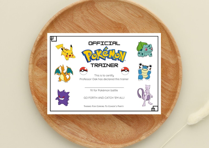Pokemon Party Thank You Certificate - Personalized Digital Download for ...