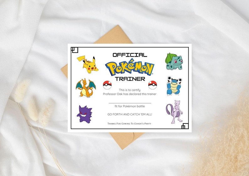 Pokemon Party Thank You Certificate - Personalized Digital Download for ...