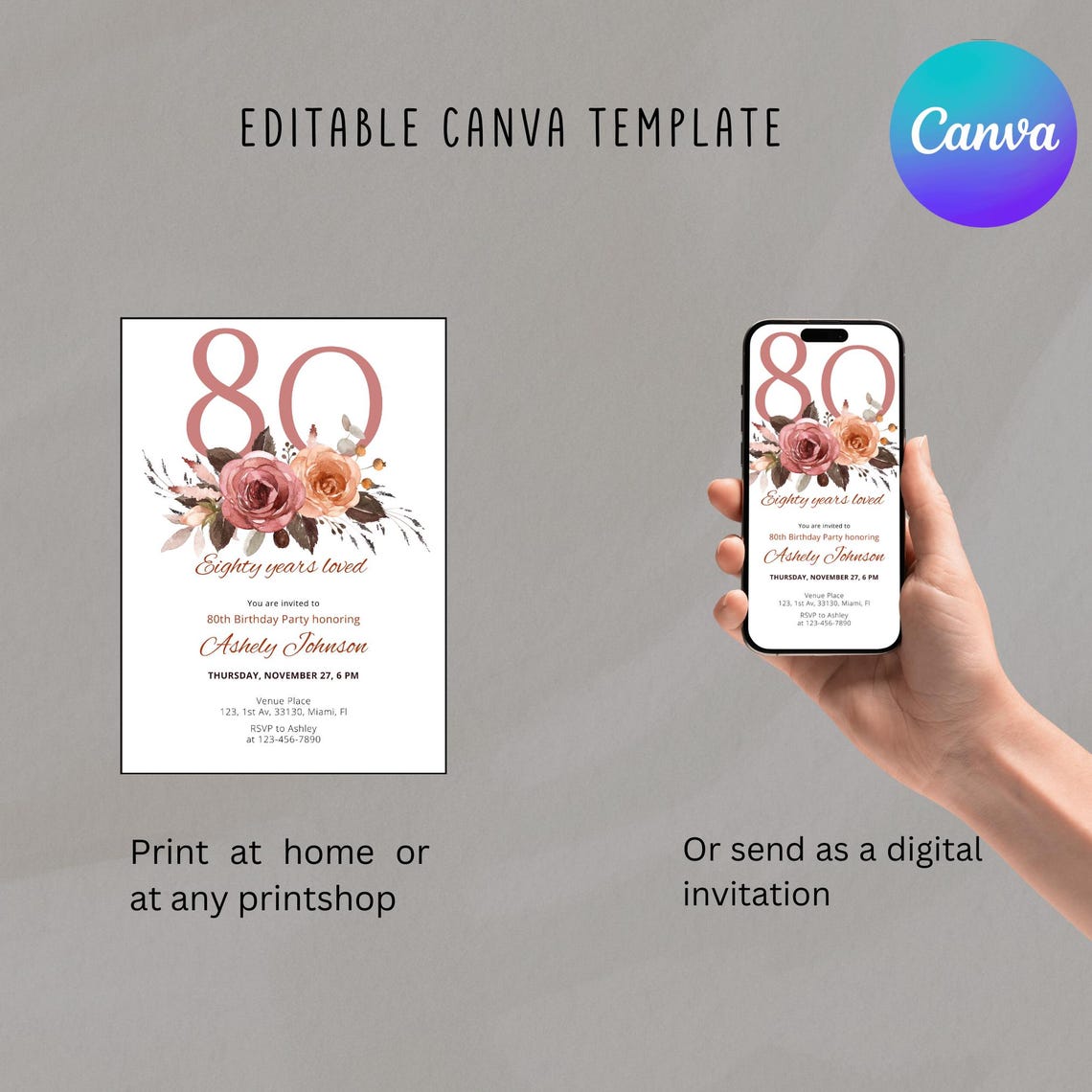 80th Birthday Invitation | 80th Birthday Editable Digital Invitation ...