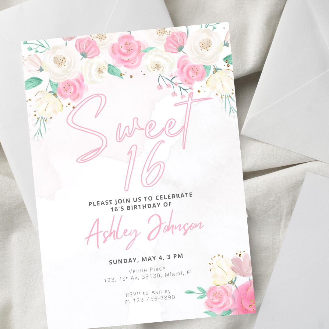 Floral Sweet 16 Invitation Template: Editable Canva Invite (digital ...