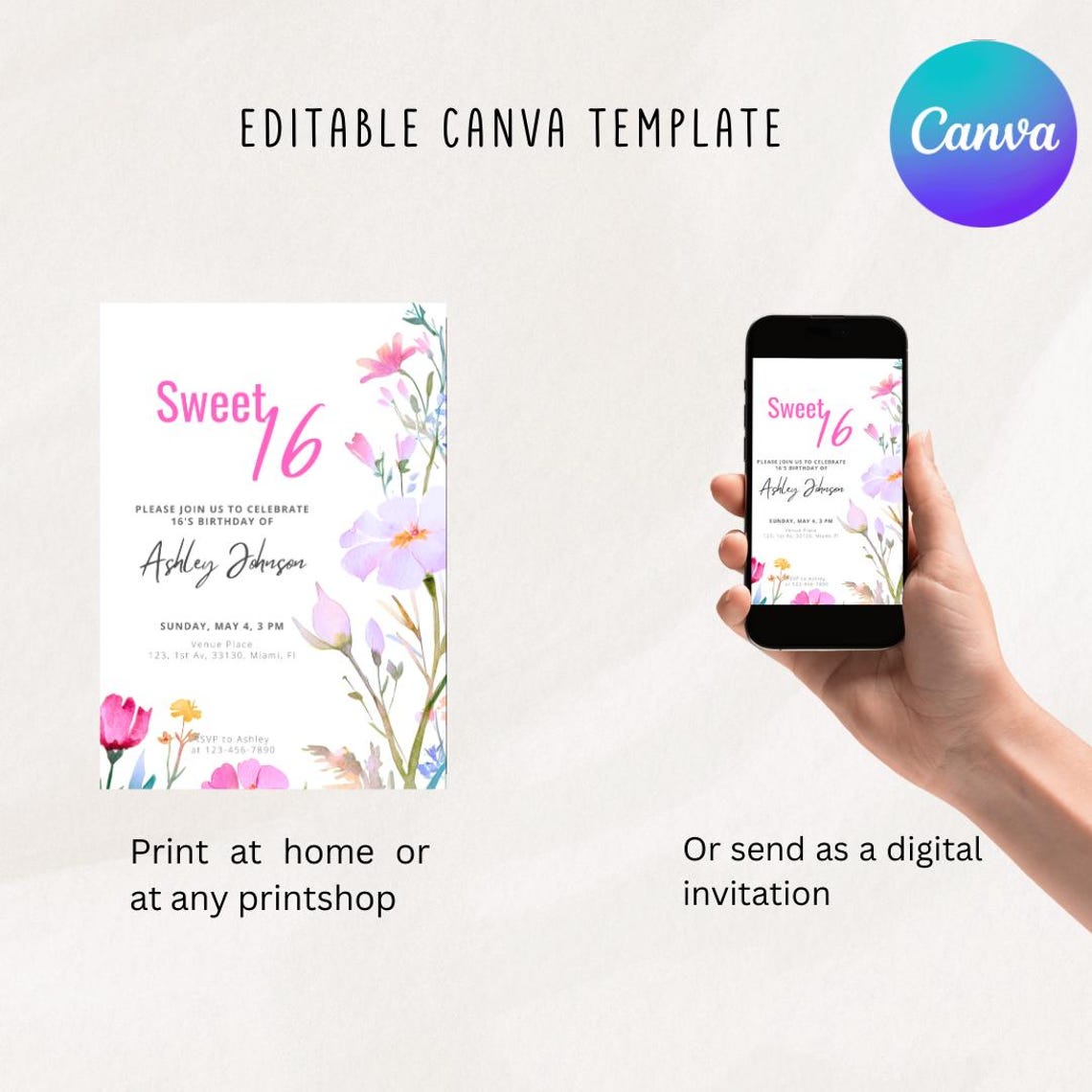 Floral Sweet 16 Invitation Template: Editable Canva Invite (digital ...