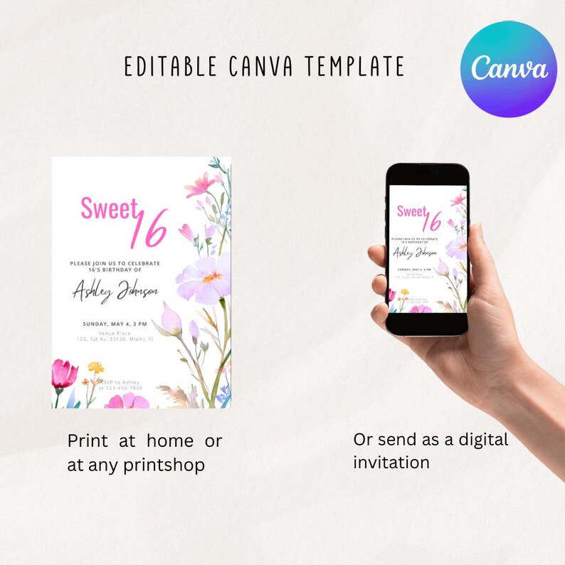 Floral Sweet 16 Invitation Template: Editable Canva Invite (digital ...