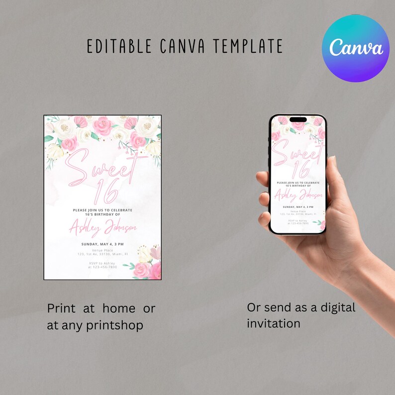 Floral Sweet 16 Invitation Template: Editable Canva Invite (digital ...