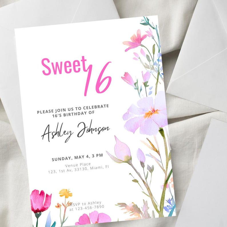 Floral Sweet 16 Invitation Template: Editable Canva Invite (digital ...