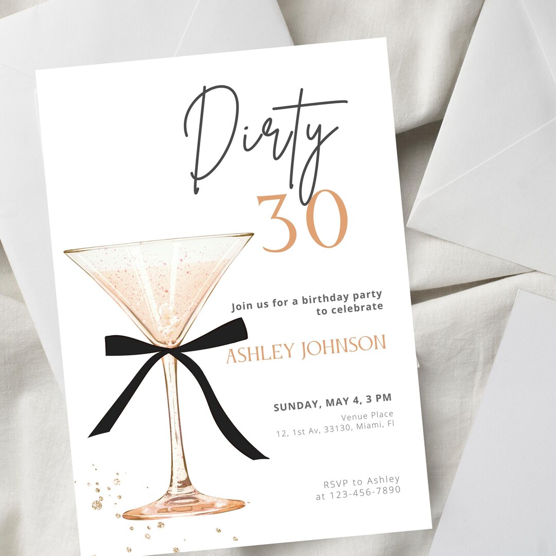 Dirty 30 Birthday Invitation: Martini & Bow Coquette Theme (digital ...