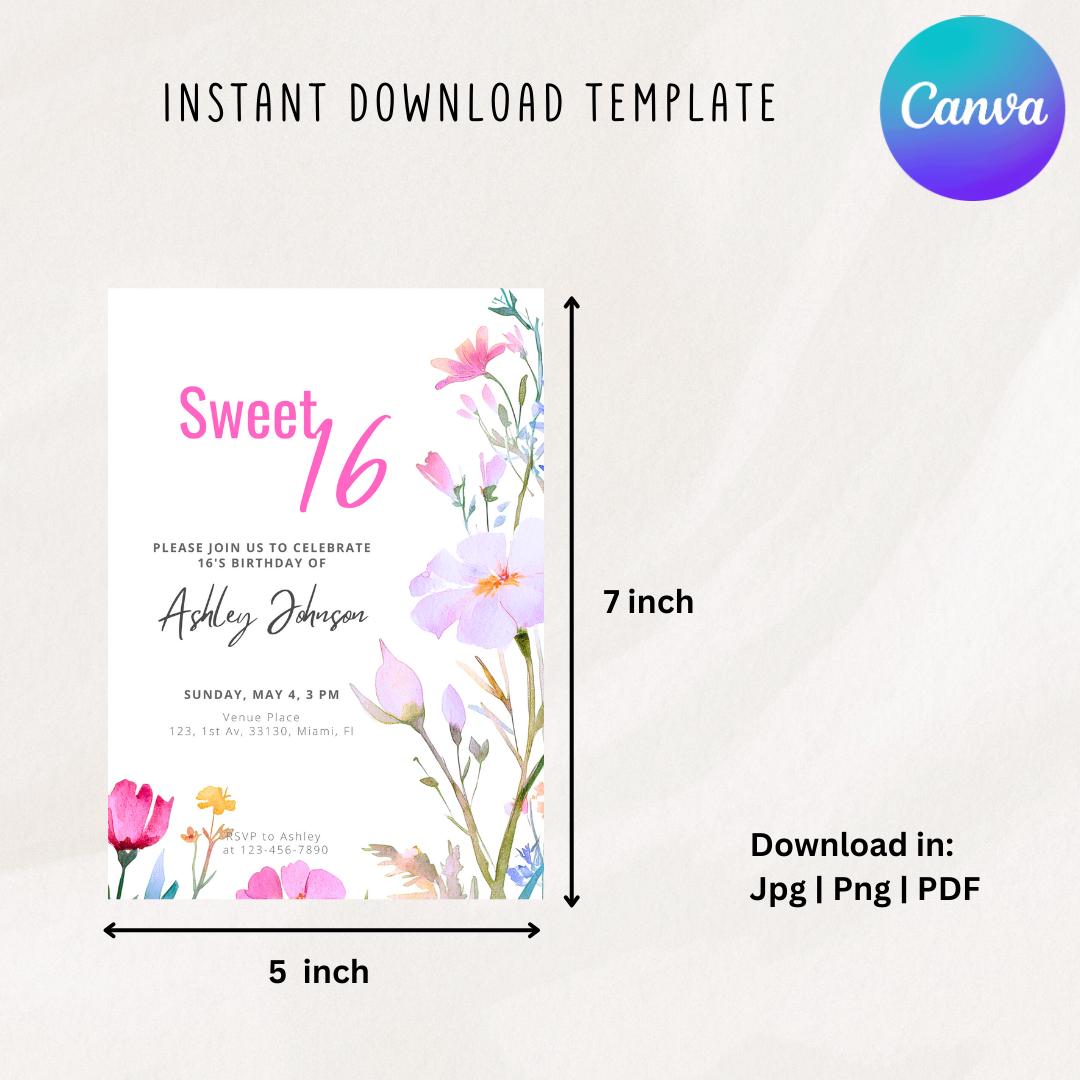 Floral Sweet 16 Invitation Template: Editable Canva Invite (digital ...